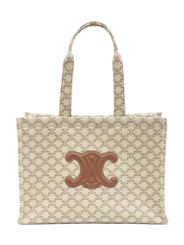 Celine Cabas Thais Textile Tote With Triomphe Canvas Print And Calfskin - White