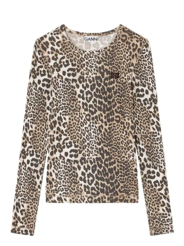 GANNI Leopard Print Ribbed Long Sleeve Top - Brown