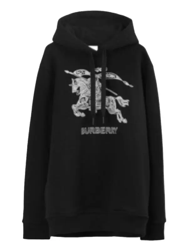 Burberry Equestrian Knight Logo Embroidered Drawstring Hoodie - Black