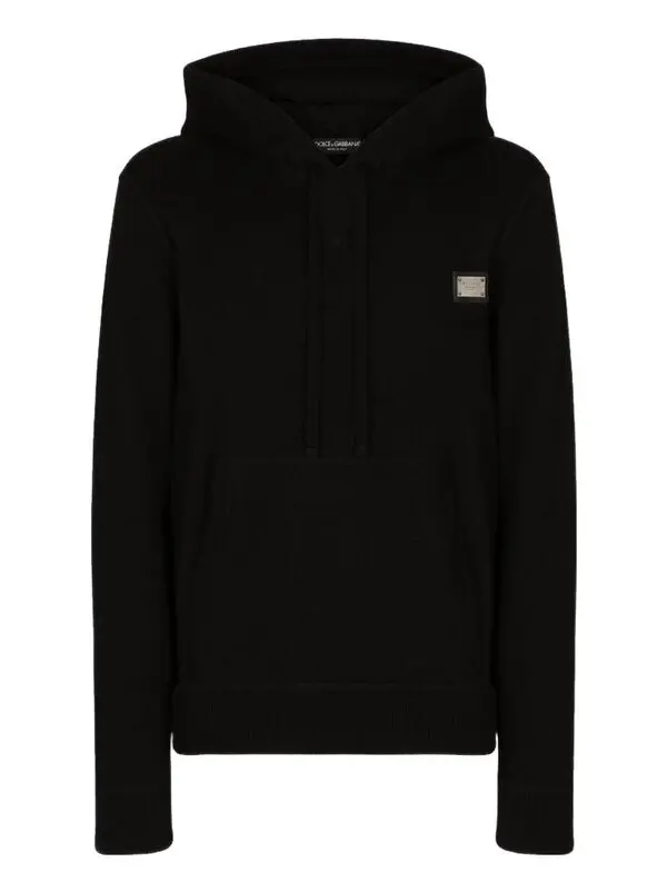 Dolce & Gabbana Knitted Drawstring Hoodie With Logo Plaque - Black