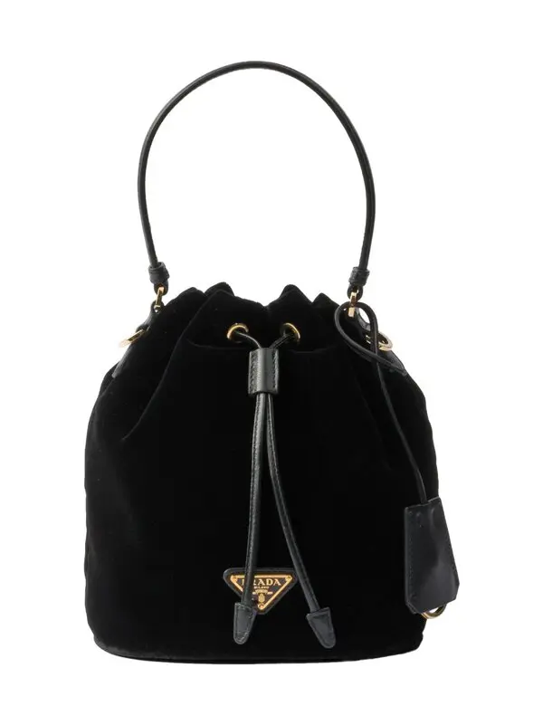 Prada Logo Plaque Drawstring Mini Top Handle Bag - Black