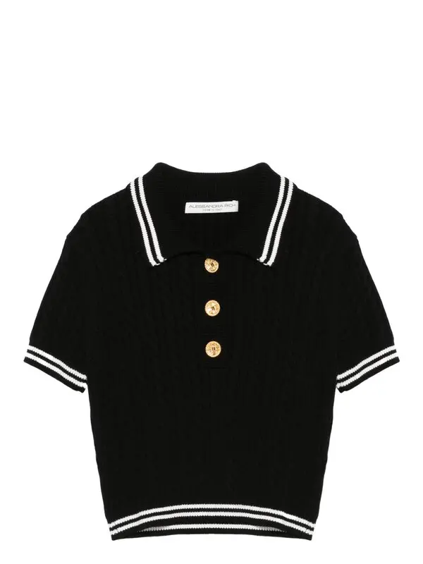 Alessandra Rich Braided Polo Shirt With Striped Trim - Black