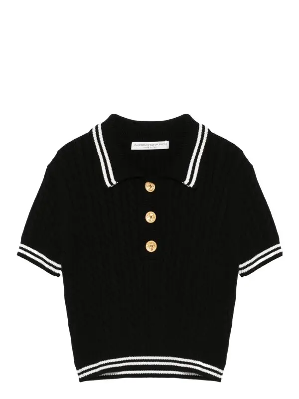 Alessandra Rich Braided Polo Shirt With Striped Trim - Black