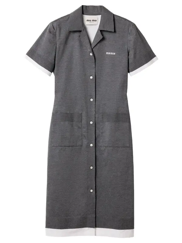 Miu Miu Short Sleeve Knit And Poplin Dress - Slate Gray/white