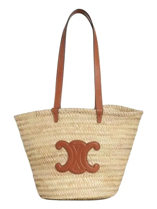 Celine Medium Classic Panier In Palm Leaves And Calfskin - Tan