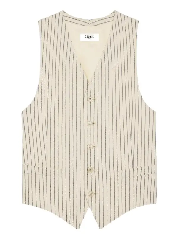 Celine Vest In Striped Wool Gabardine - Vanilla/black