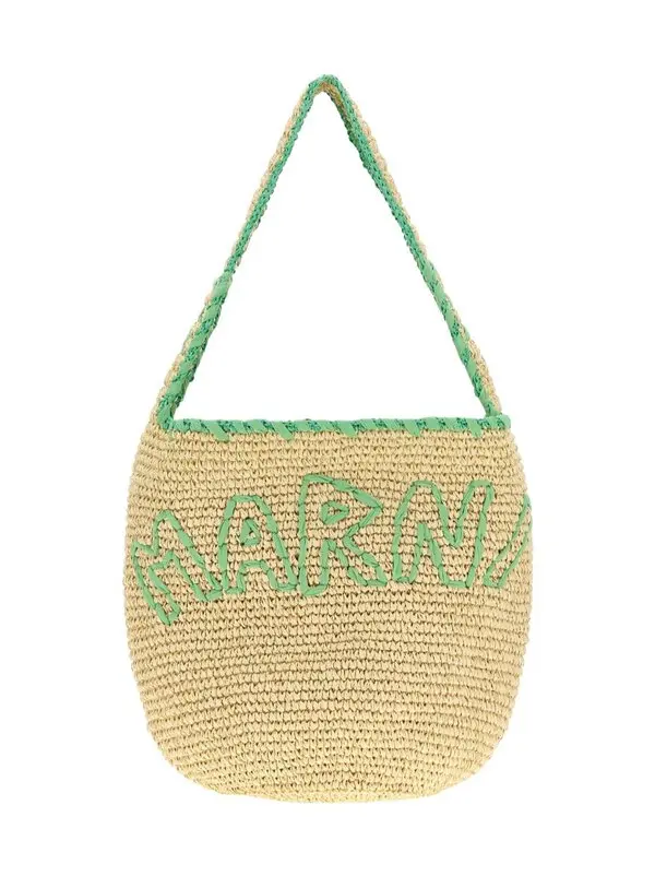 Marni Large Logo Embroidered Raffia Tote - Nude