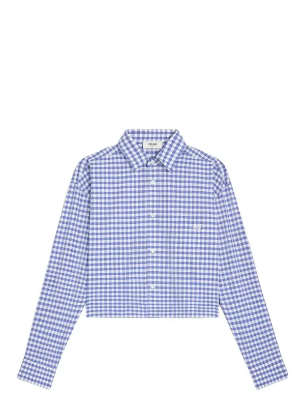 Celine Cropped Vichy Cotton Shirt With Triomphe Embroidery - White/blue