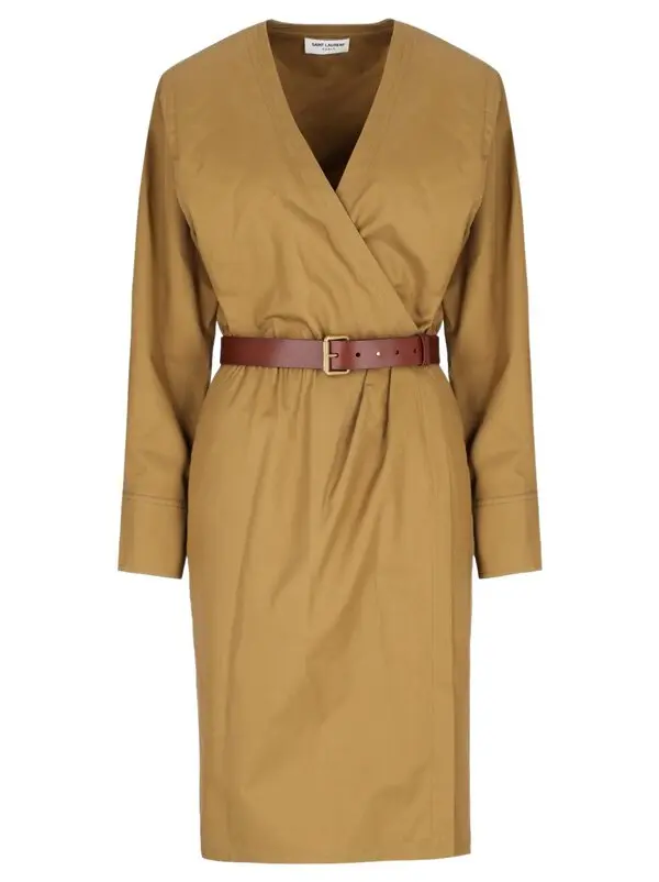Saint Laurent V-neck Belted Dress - Brown