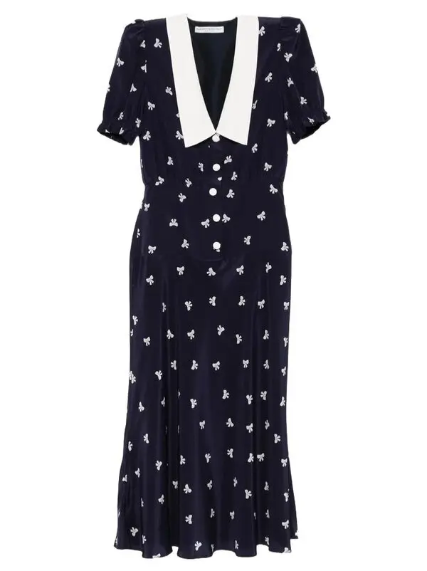 Alessandra Rich Navy Bow Print Short Sleeve Midi Dress - Navy Blue