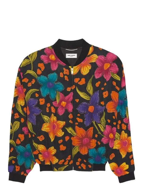 Saint Laurent Floral Crepe Teddy Jacket - Black