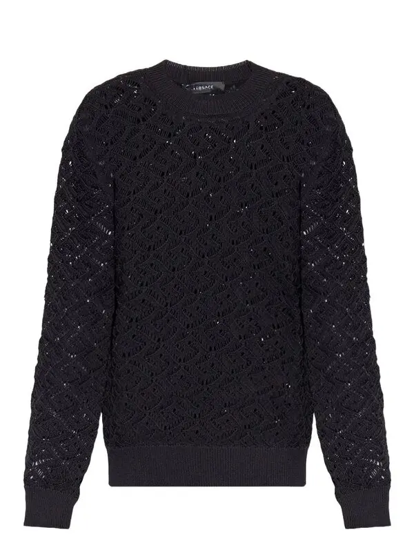 Versace Crew Neck Open-knit Sweater With Medusa Decal - Black