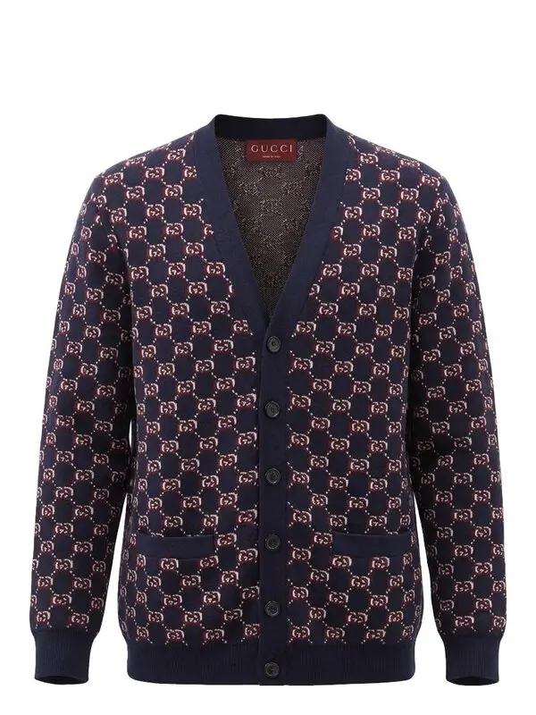 Gucci Monogrammed V-neck Cardigan - Blue/burgundy