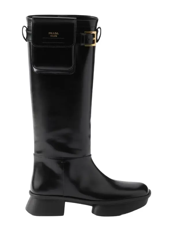 Prada Knee High Block Heel Boots With Pouch Detail - Black