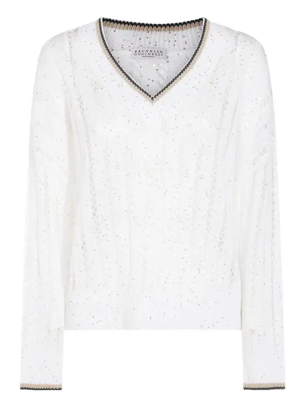 Brunello Cucinelli Embellished V-neck Knitted Jumper - Light-colored