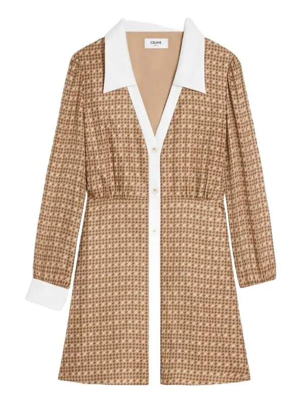 Celine Mini Shirt Dress In Silk Twill - Beige/maroon/cream