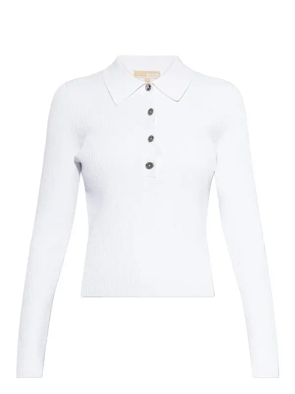 Michael Kors Ribbed Long Sleeve Polo Knitted Top - White