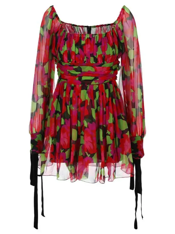 Saint Laurent Floral Printed Long Sleeve Dress - Multicolor
