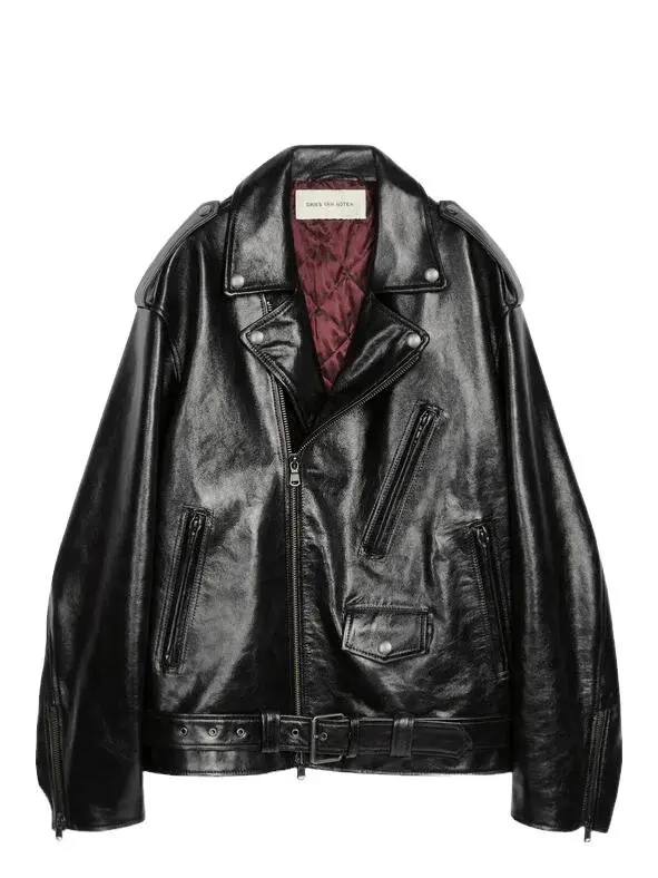 Dries Van Noten Leather Biker Jacket With Belted Waist - Black