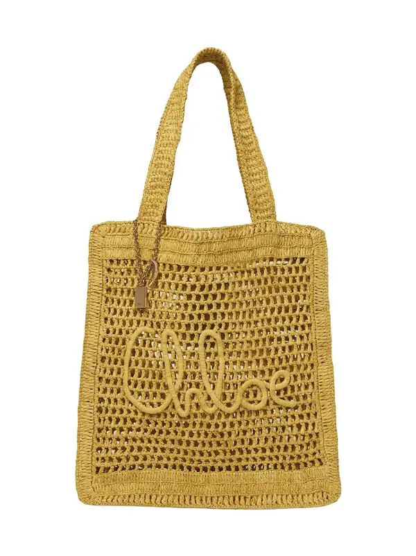 Chloé Raffia Tote Bag With Graphic Print - Yellow