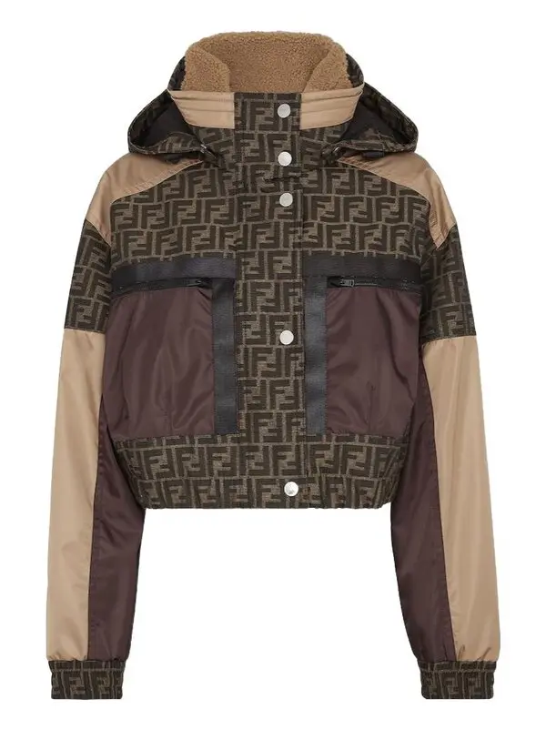 Fendi Panelled Monogrammed Jacquard Canvas Jacket With Sheepskin Collar - Brown