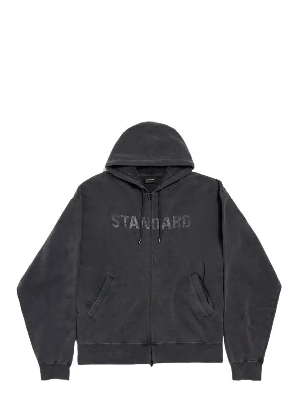Balenciaga Zip-up Hooded Jacket With Graphic Print - Faded Black
