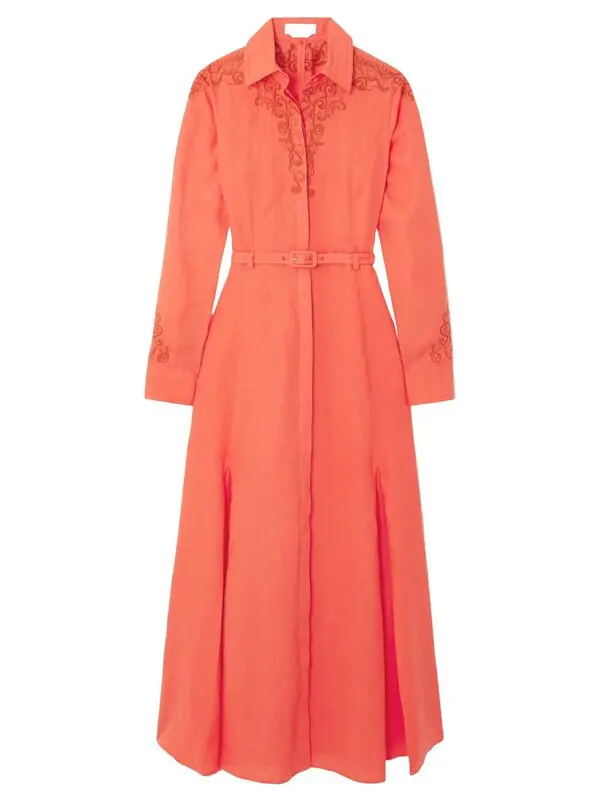 Gabriela Hearst Long Sleeve Belted Midi Dress With Lapel Collar - Orange