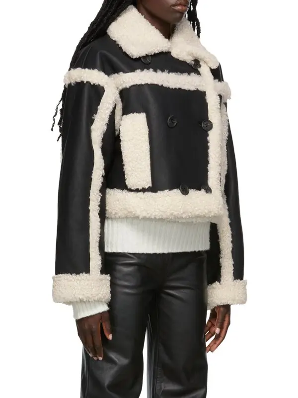 STAND STUDIO Logo Splicing Faux Fur Trimmed Coat - Black