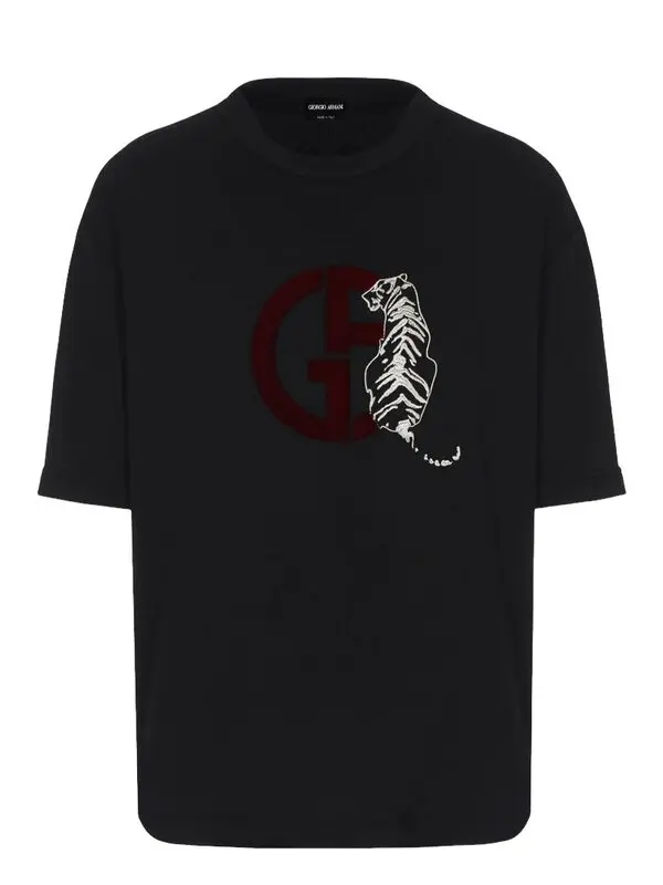 Giorgio Armani Embroidered Tiger Logo T-shirt - Black