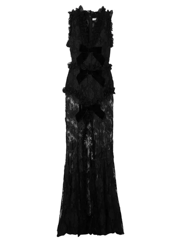 Alessandra Rich Lace Gown With Velvet Bows And Ruffles - Black
