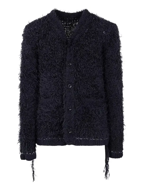 Sacai V-neck Button Cardigan With Frayed Hem - Black