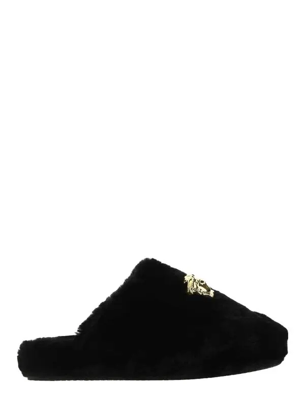 Versace Medusa Plaque Fur Slippers - Black