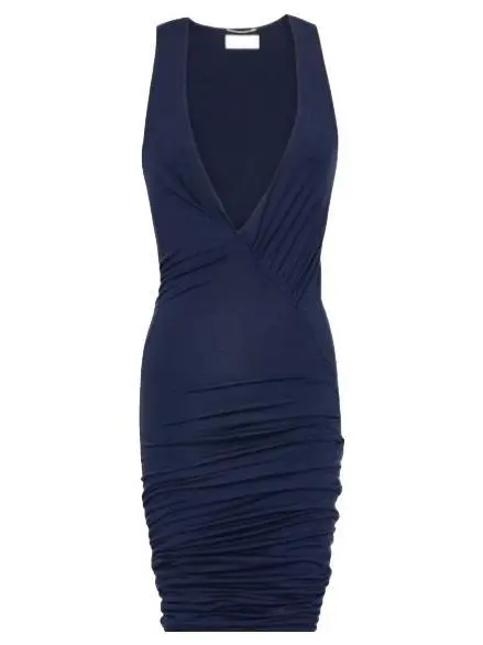 Saint Laurent Ruched V-neck Sleeveless Dress - Blue