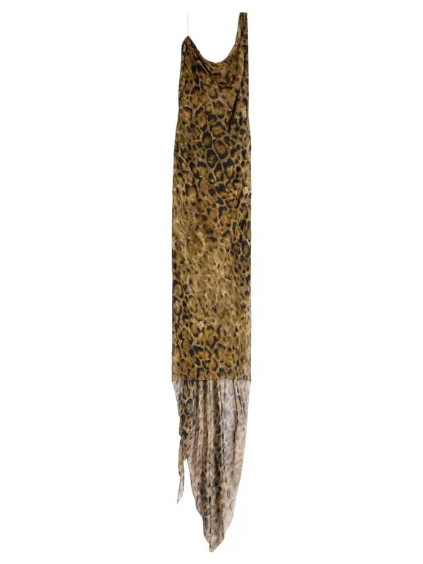 Celine Long Draped Dress In Silk Georgette With Watercolor Leopard Pattern - Brown