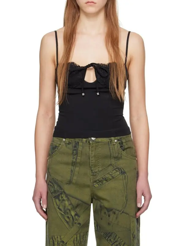 Blumarine Spaghetti Strap Lace Trimmed Tank Top - Black