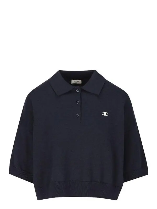 Celine Triomphe Cropped Wool Polo - Navy Blue