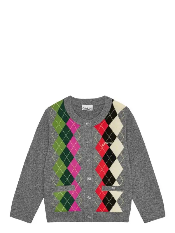 GANNI Multicolor Checkered Cardigan With Silver-tone Button Closure - Grey