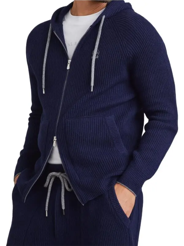 Brunello Cucinelli Hooded Zip-up Cardigan With Embroidered Logo - Sea Color