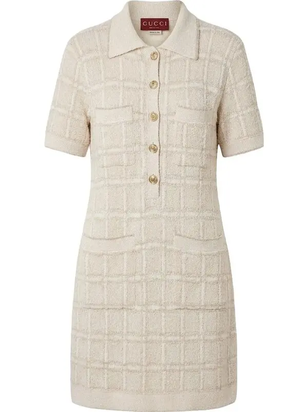 Gucci Plaid Knit Dress With Interlocking G Buttons - White And Gold