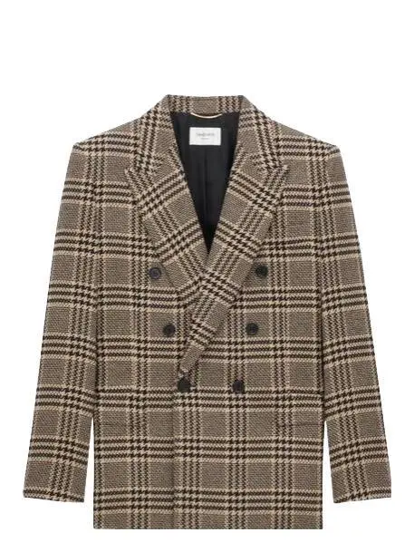 Saint Laurent Checked Double-breasted Blazer - Brown