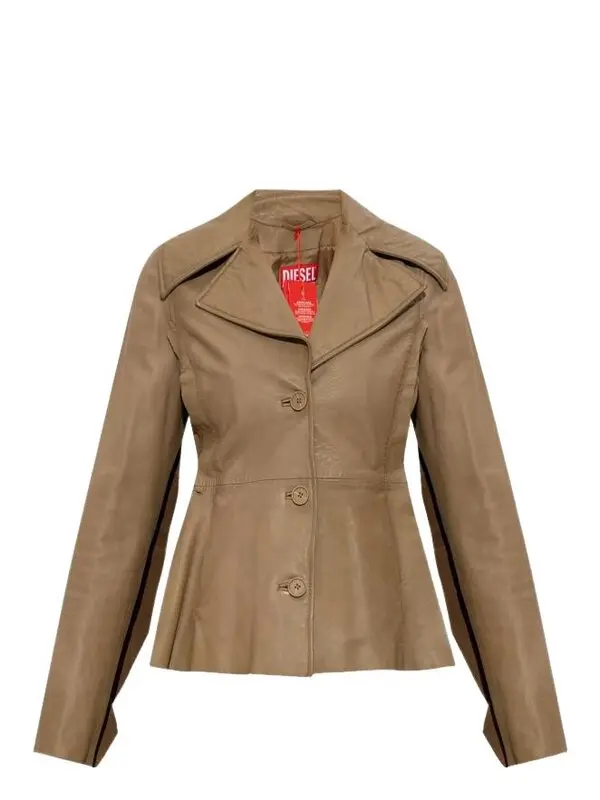 DIESEL® Button-fastening Flared Leather Jacket - Brown