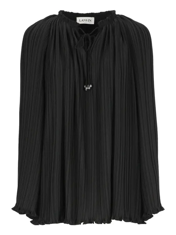 LANVIN Long-sleeved Pleated Blouse With V-neck And Rope Detail - Black