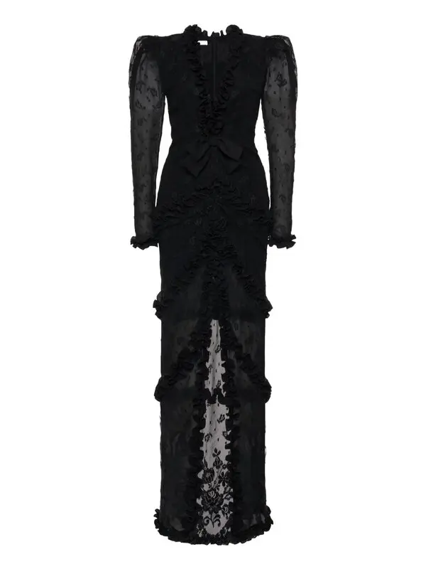 Alessandra Rich Lace V-neck Dress With Ruffles - Black