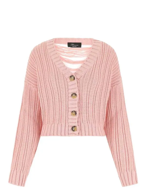Blumarine V-neck Buttoned Knitted Cardigan With Fringed Back Detail - Pink