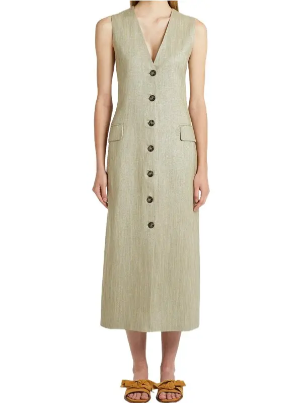 Marella Sleeveless V-neck Midi Dress With Button Closure And Patch Pockets - Nude