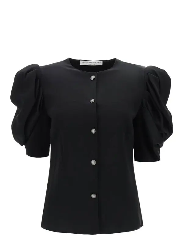 Alessandra Rich Round Neck Puff Sleeve Shirt - Black