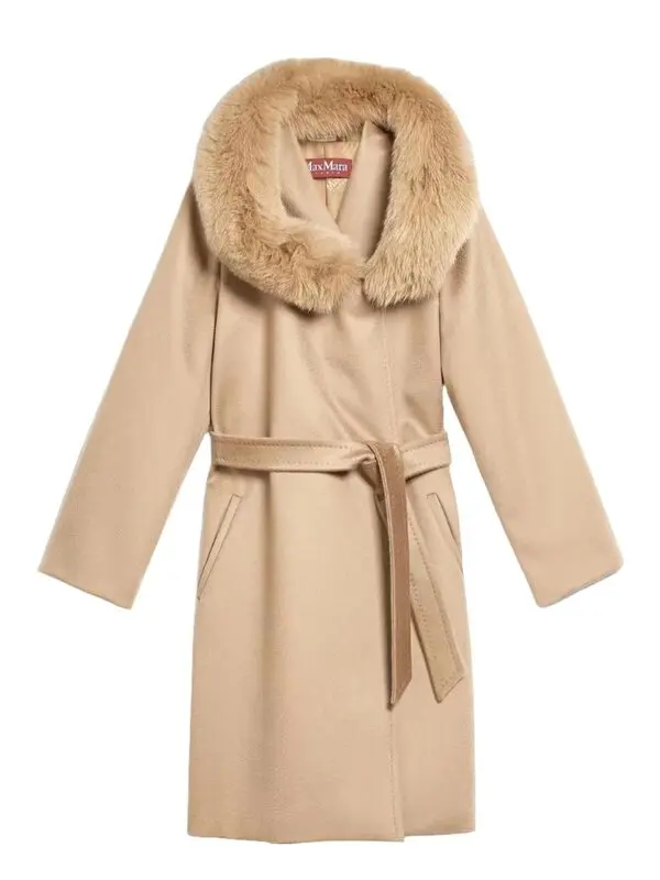 Max Mara Belted Long Sleeve Coat With Fur Trim And Hood - Nude