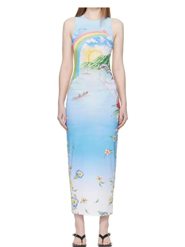 Casablanca Round Neck Printed Maxi Dress - Blue