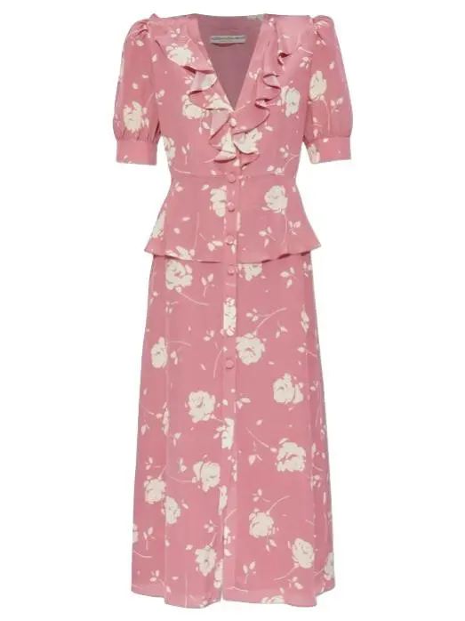 Alessandra Rich Floral Printed Ruffled V-neck Midi Dress - Pink