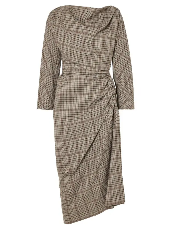 Dries Van Noten Plaid Midi Dress With Draped Skirt - Brown